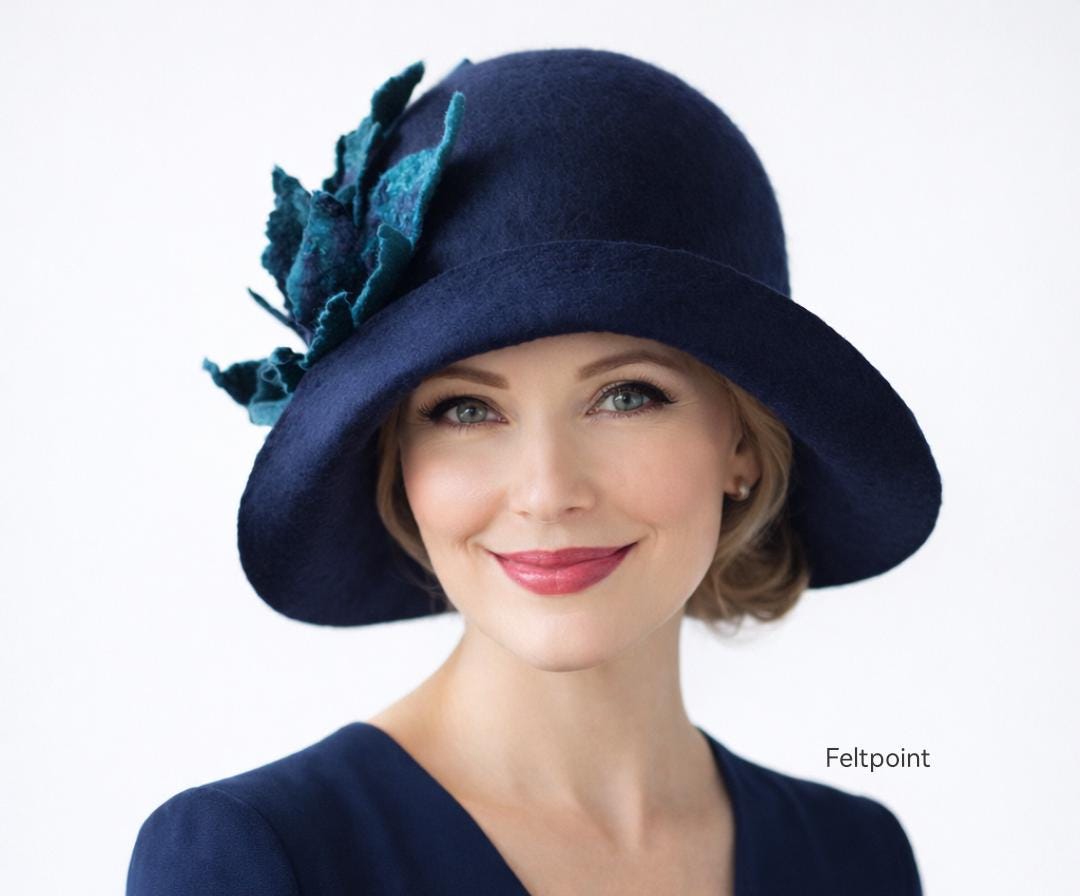 Navy Blue Felt Cloche Hat for Women, Elegant Winter Hat, Downton Abbey ...