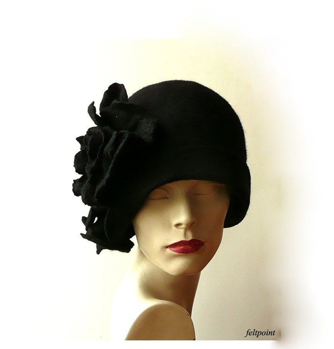 Black Wool Felt Cloche Hat, Handmade 1920s Style - Etsy