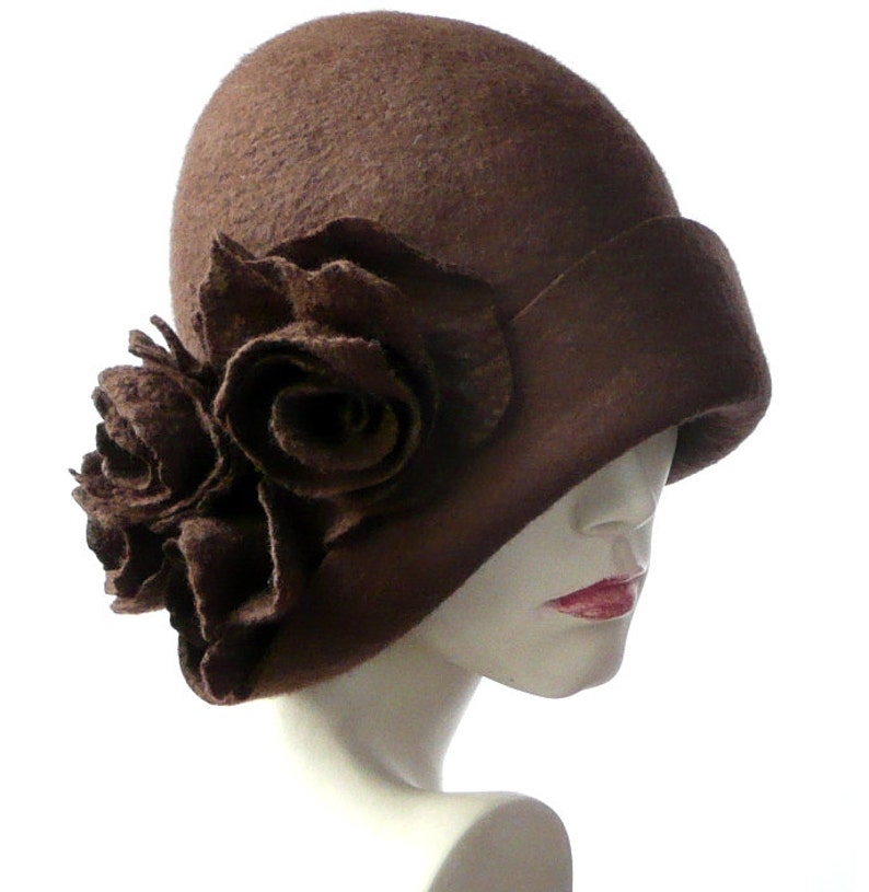 Brown Felted Cloche Hat With Rose - 1920s Flapper Style - Etsy