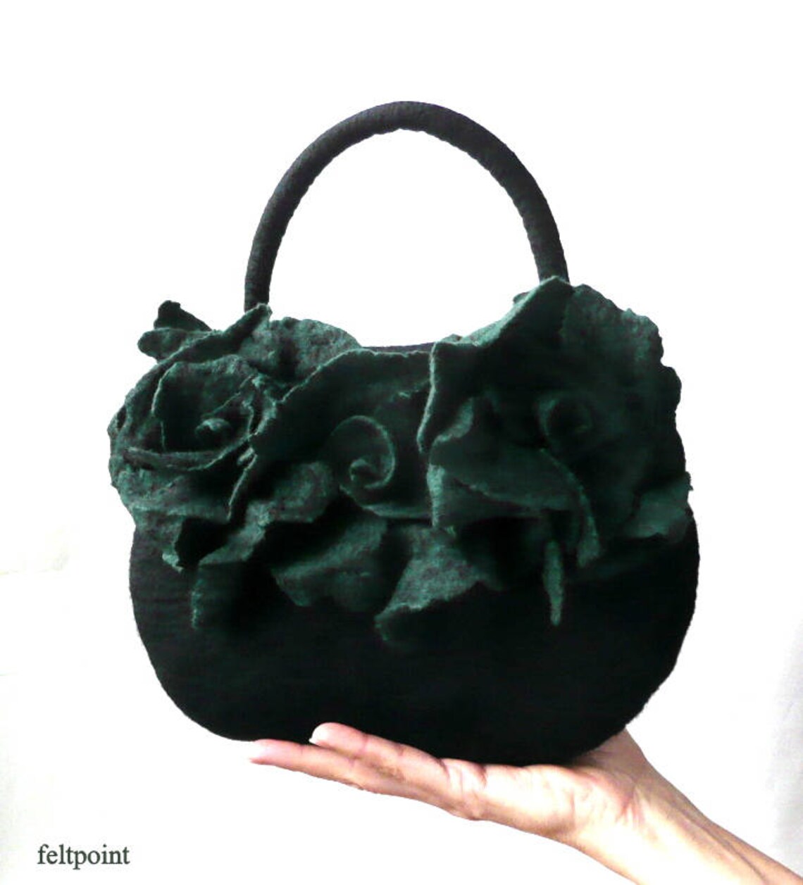Black Felted Handbag With Green Roses, Boho Art Bag - Etsy