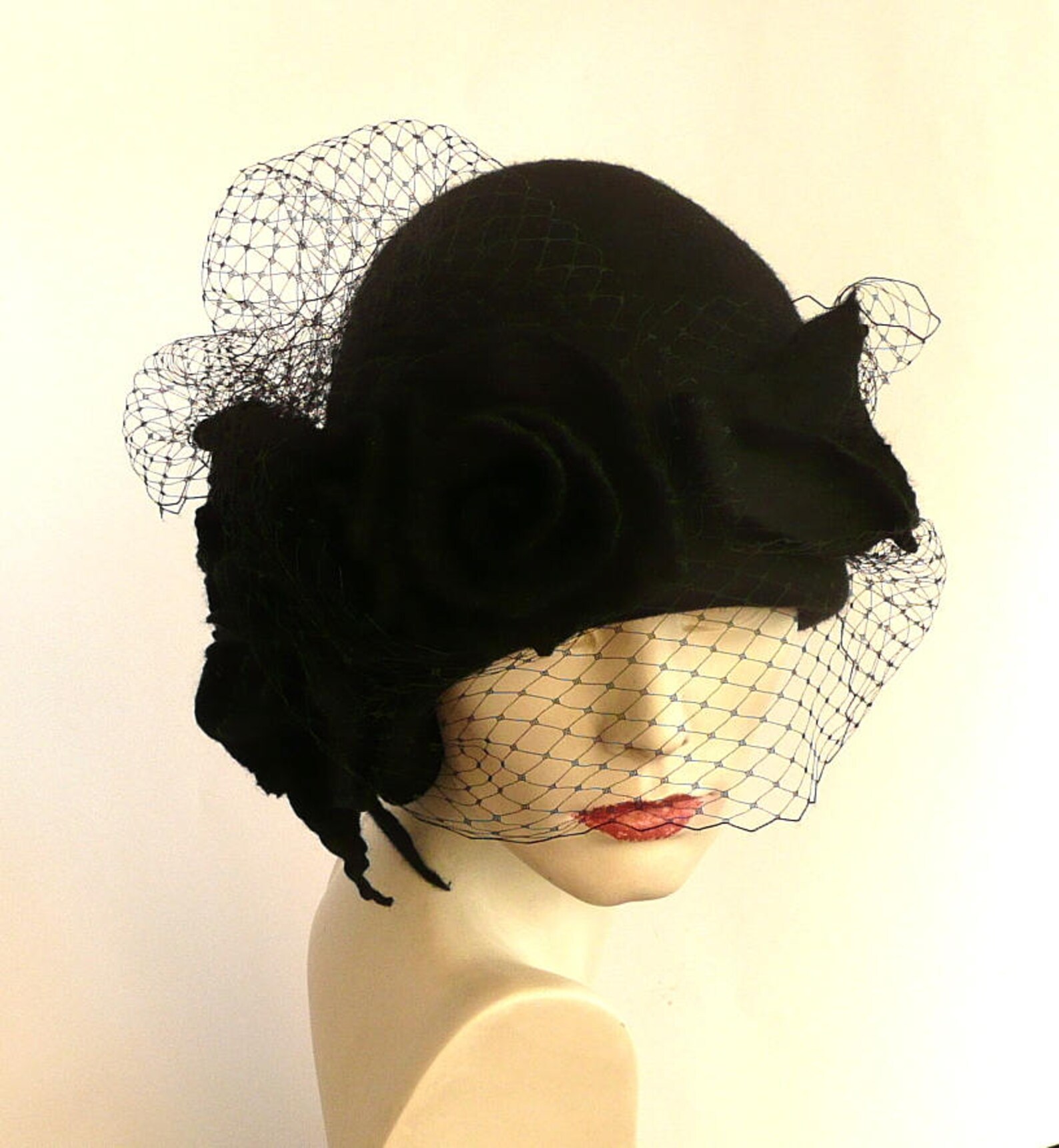 Black Felted Veil Hat, Handmade Rose Cloche, 1920s Style - Etsy