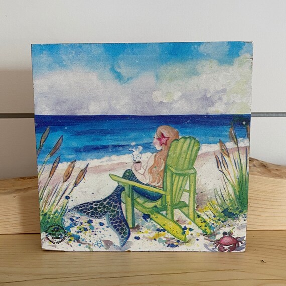 Mermaid Drinking Coffee Art Print on Wood | Etsy