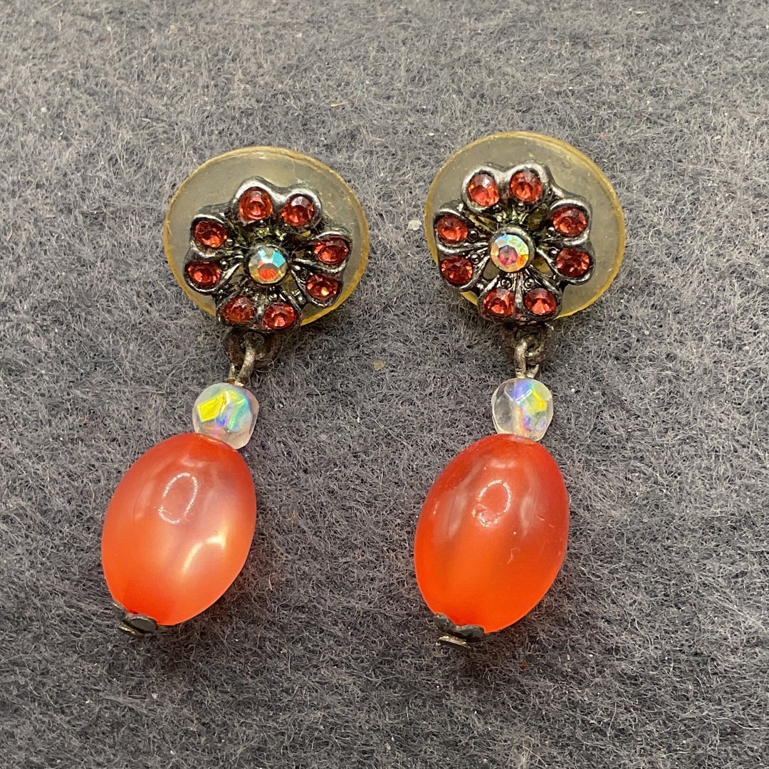 Vintage Coral Color Beads With Rhinestones Dangle Earrings 7920 - Etsy