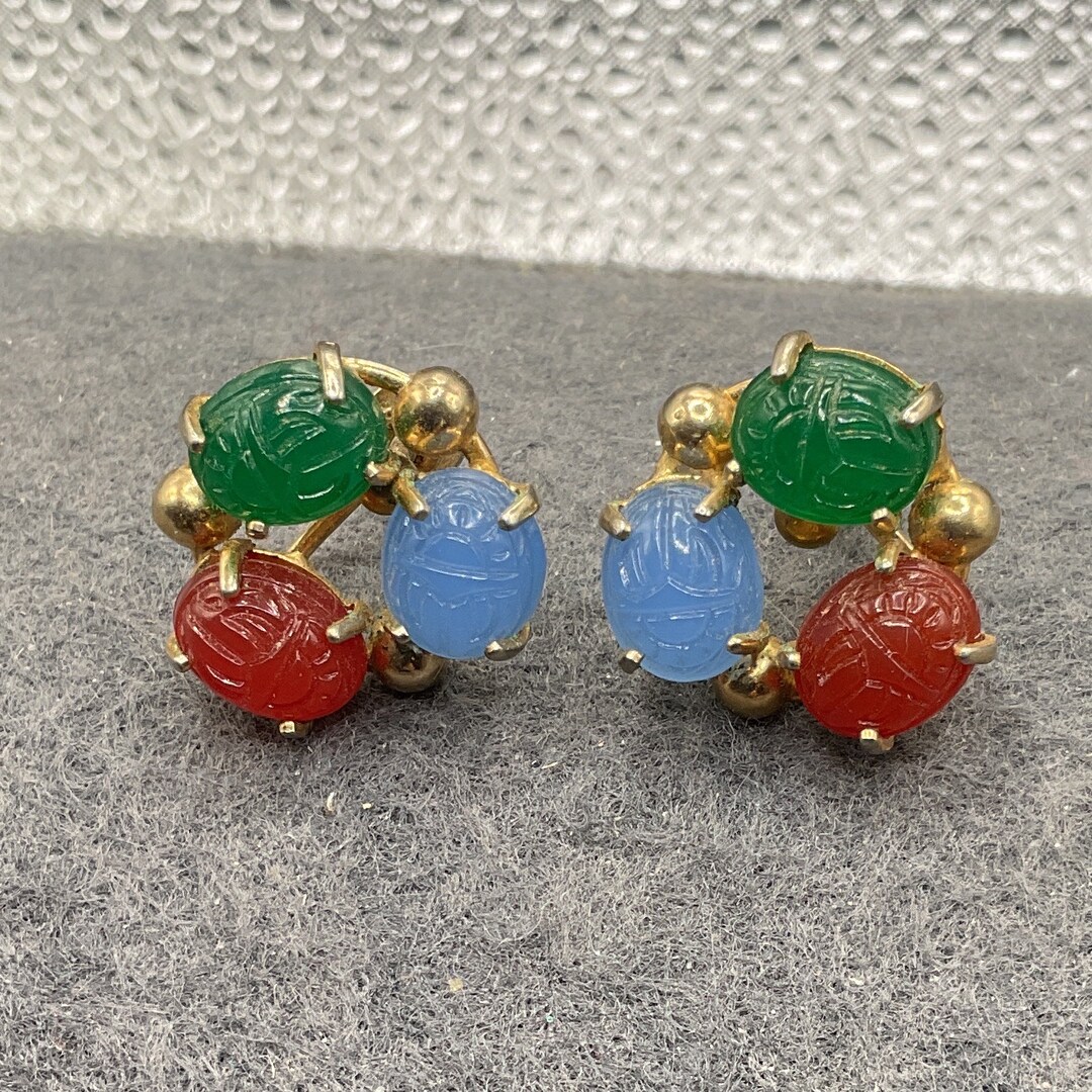 Vintage Circular Gold Tone Three Stone Egyptian Scarab Screw Back ...