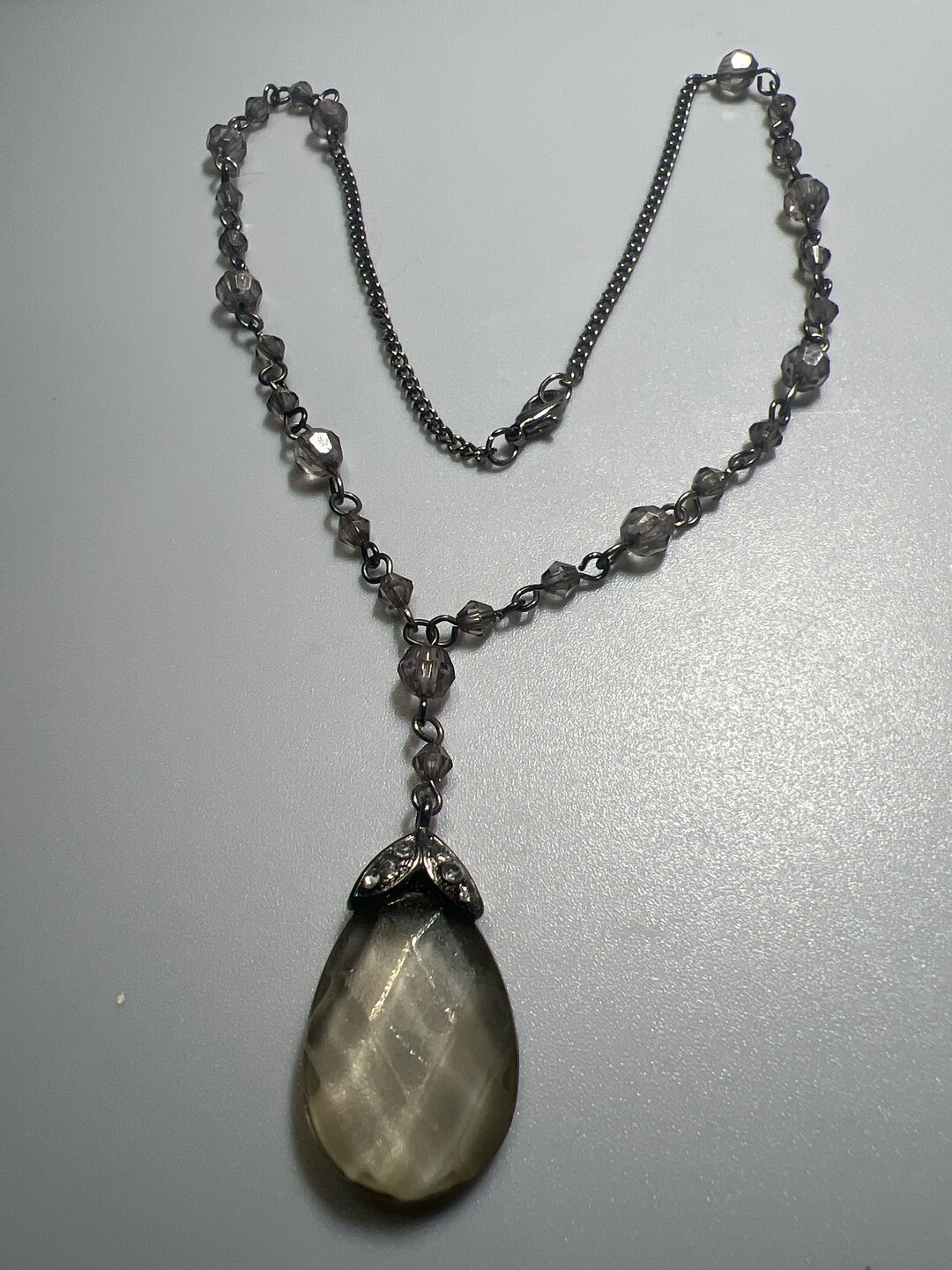 Vintage Black Chain With Smoked Glass Beads and Faceted Smoked Dangling ...
