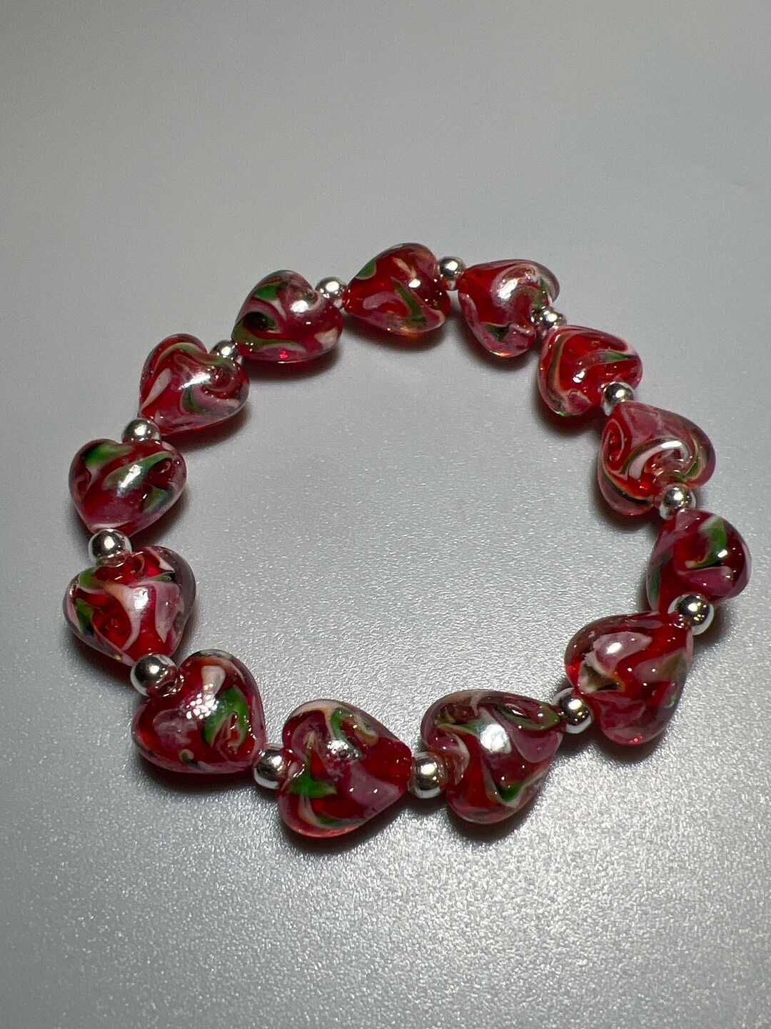 Vintage Silvertone With Clear Red Marbled Heart Shaped Beads Bracelet ...