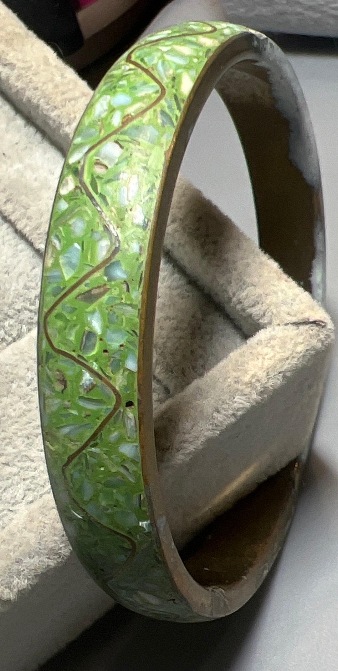 Vintage Brass Looking With Green Speckled Enamel and Goldtone Squiggly ...