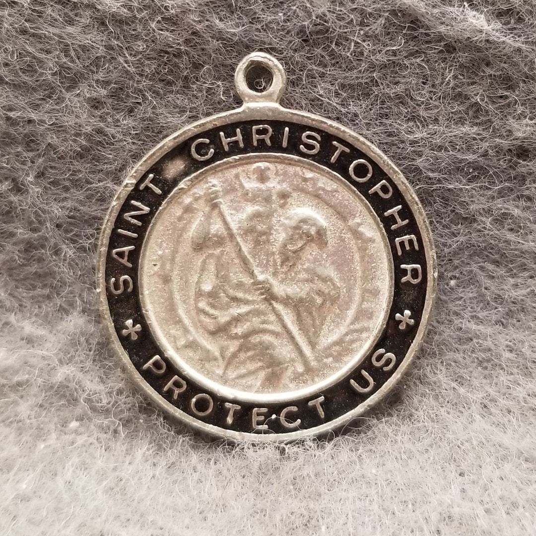 Circular Silver Tone and Black saint Christopher Protect Us Pendant ...