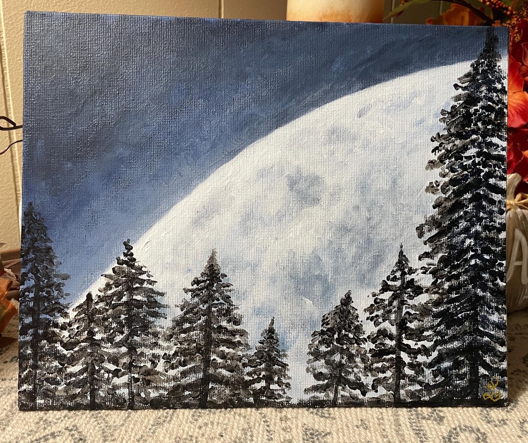 Moonlit Pines – 8x10 Acrylic Painting on Canvas Board - Etsy