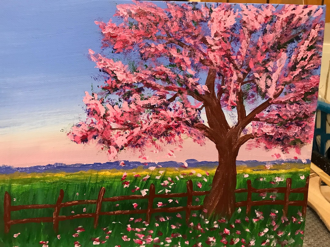 Cherry Blossom Tree Acrylic Painting – 8x10 Original Landscape Art on ...