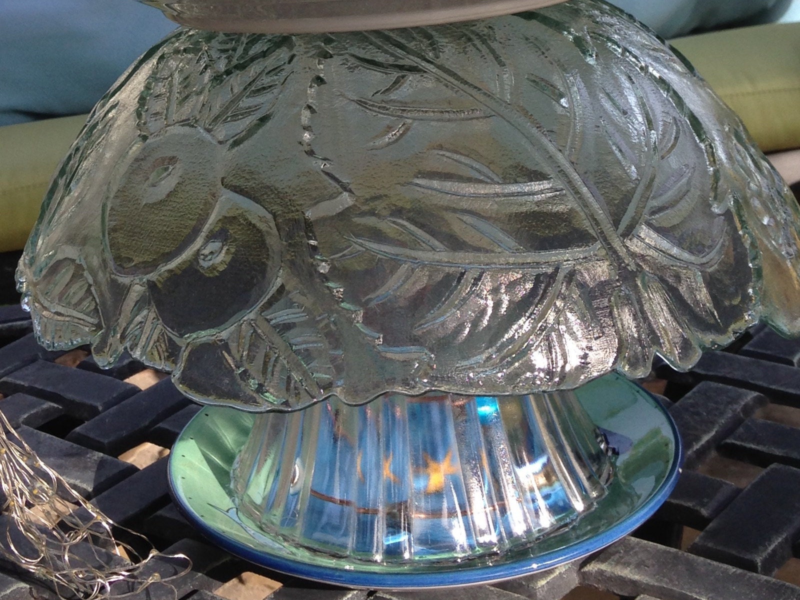 Yard art lighted teapot tower teapot table center piece etched glass ...