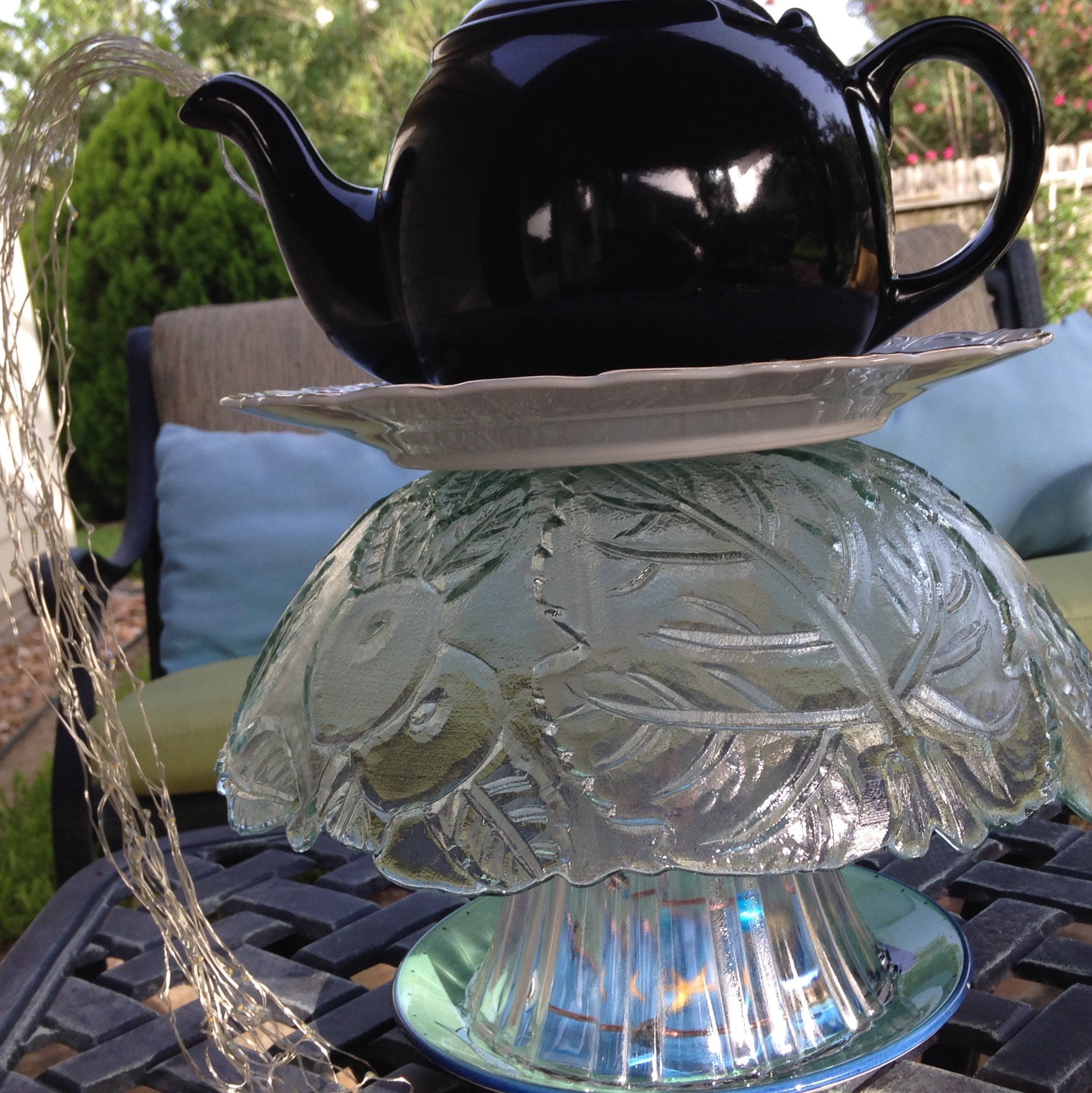 Yard art lighted teapot tower teapot table center piece etched glass ...