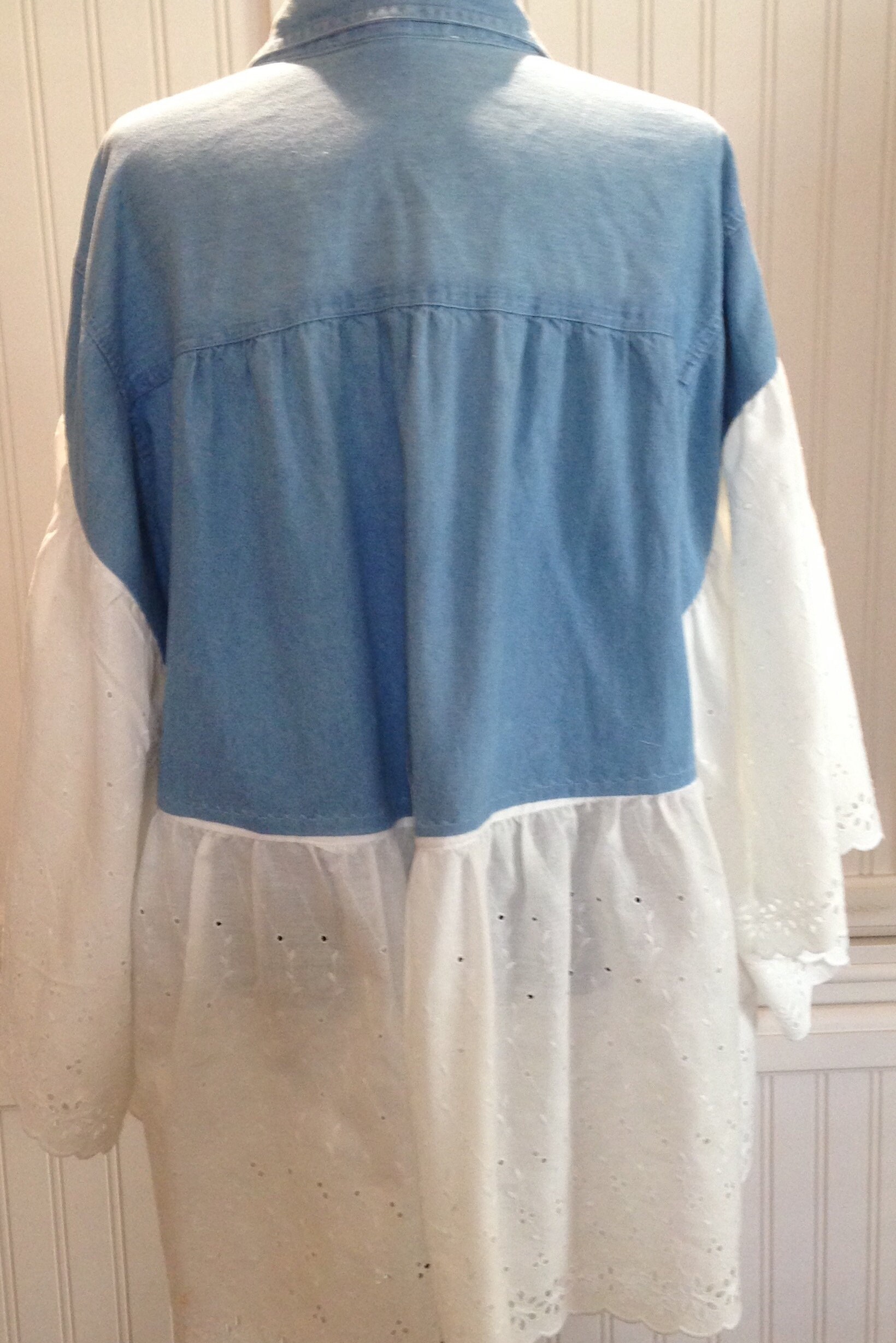 Women upcycled light blue denim long sleeve jacket white eyelet lace ...