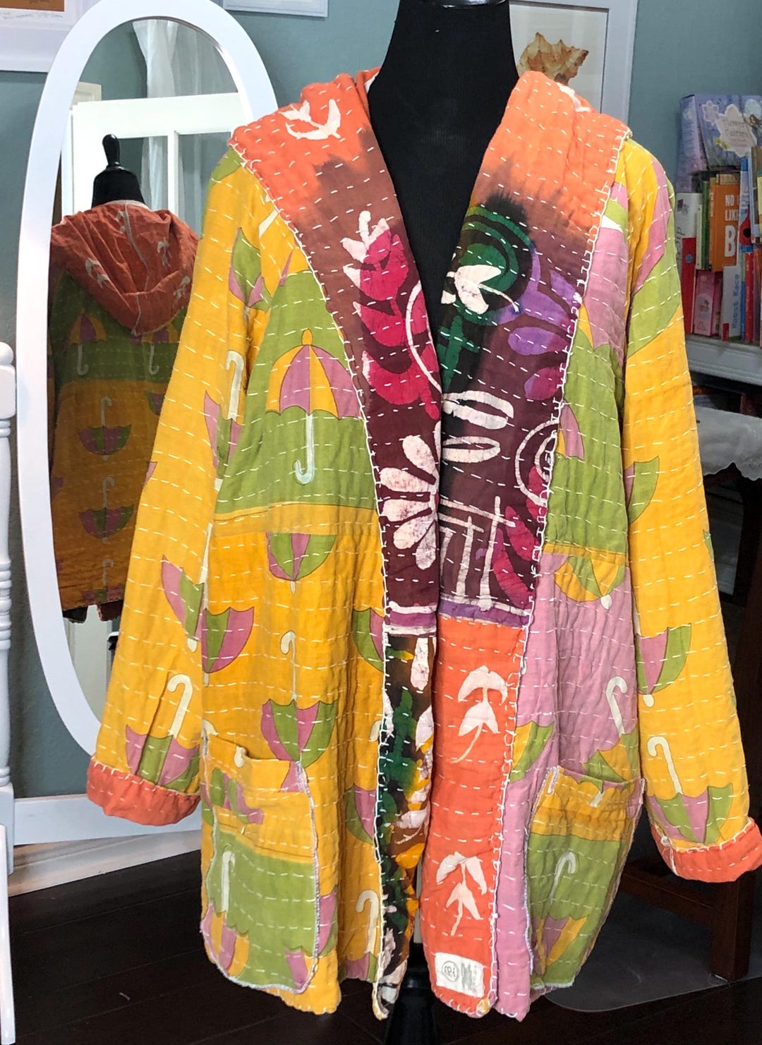 Upcycled Kantha Quilted Hooded Coat: Umbrella Print, Plus Size - Etsy