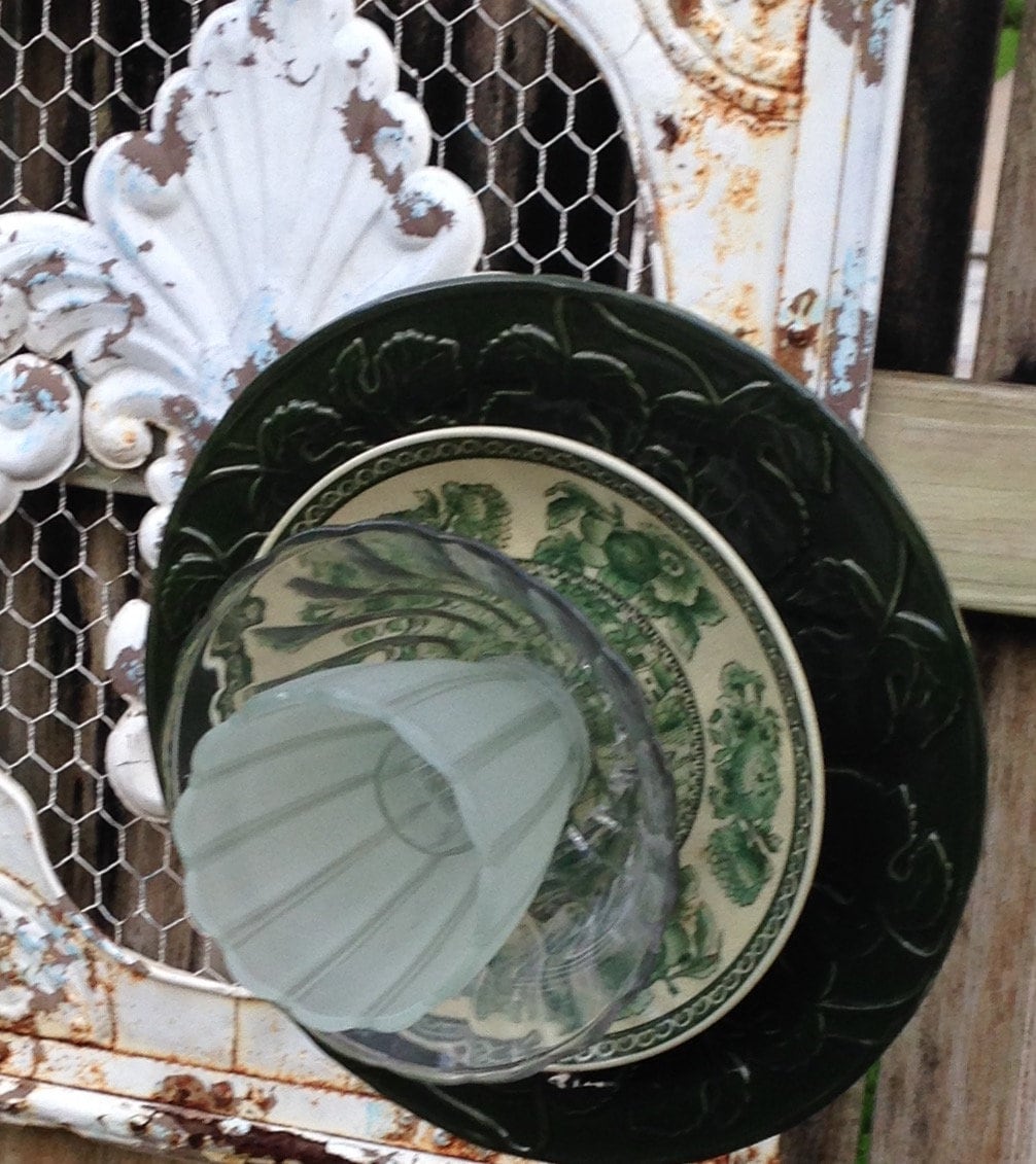 Yard Art Glass Flowers repurposed plates vintage reproduction plate ...