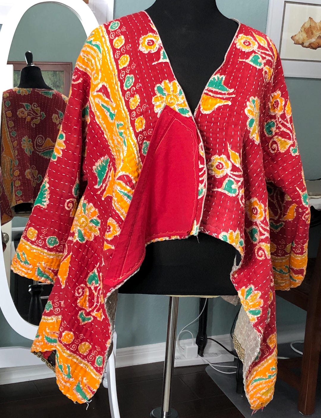 Reversible Kantha Quilted Shrug: Taupe Black & Red Orange Floral, Plus ...