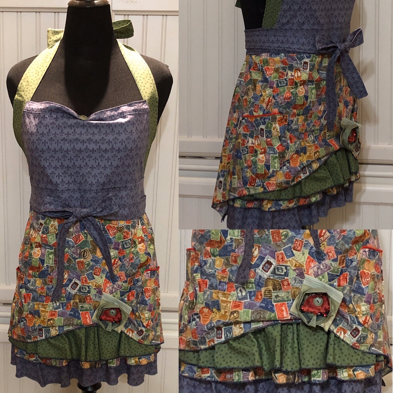 Women's Full Apron Postal Theme Blue Green Orange Ruffled - Etsy