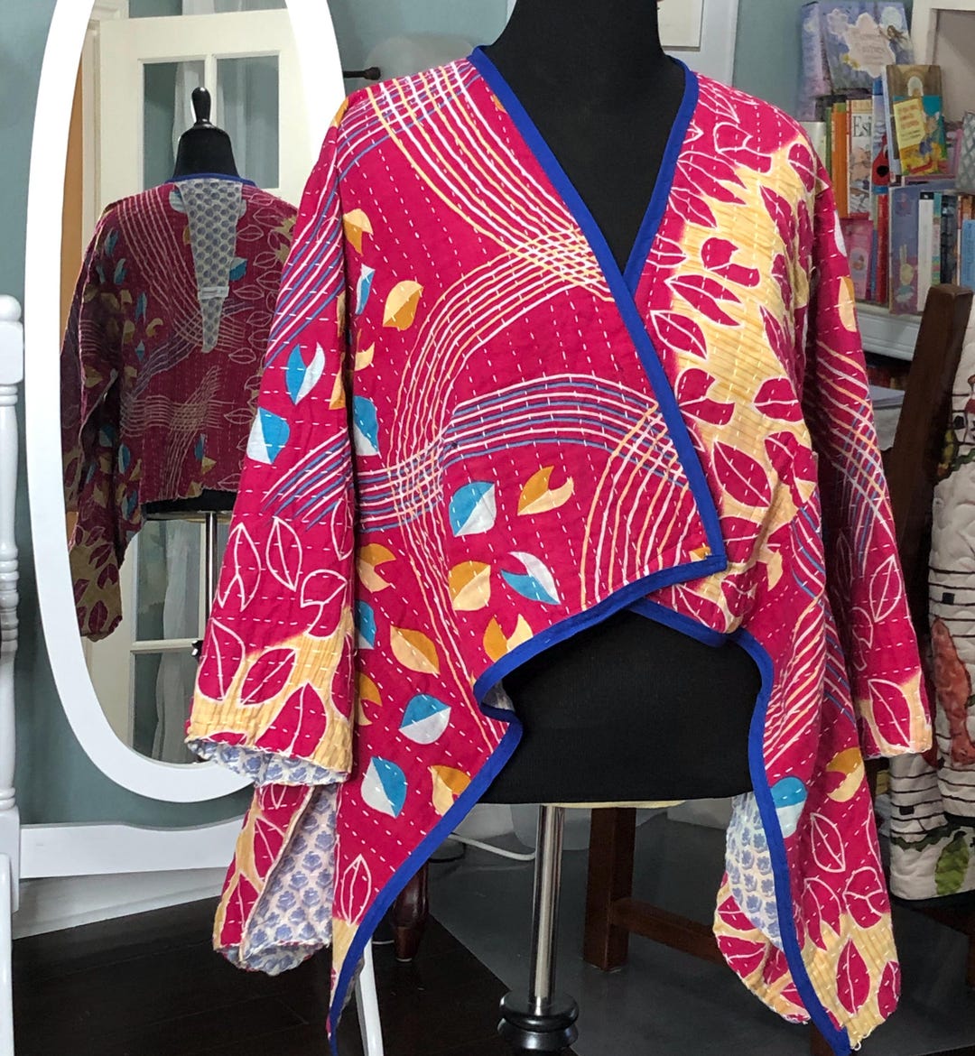 Reversible Kantha Quilted Shrug: Plus Size Embroidered Pockets - Etsy