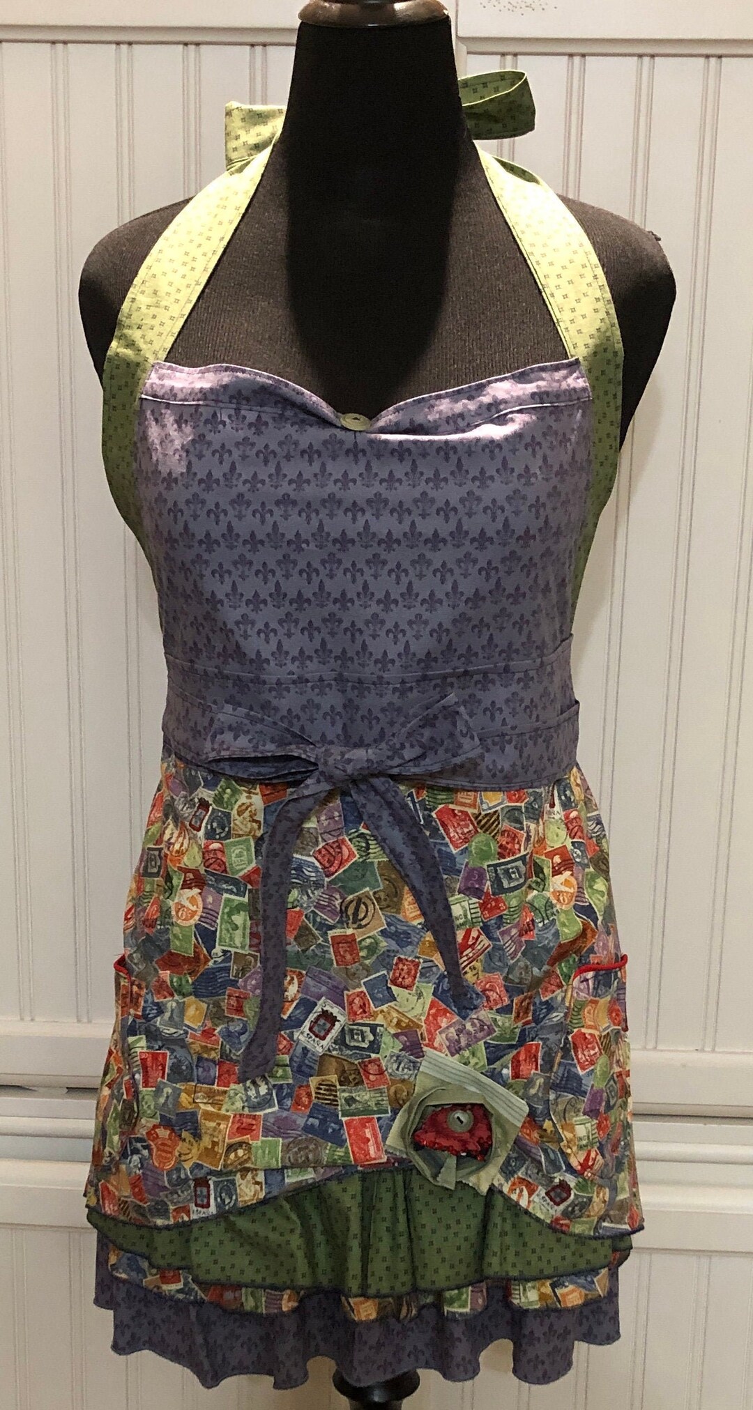 Women's Full Apron Postal Theme Blue Green Orange Ruffled Cotton Shabby ...
