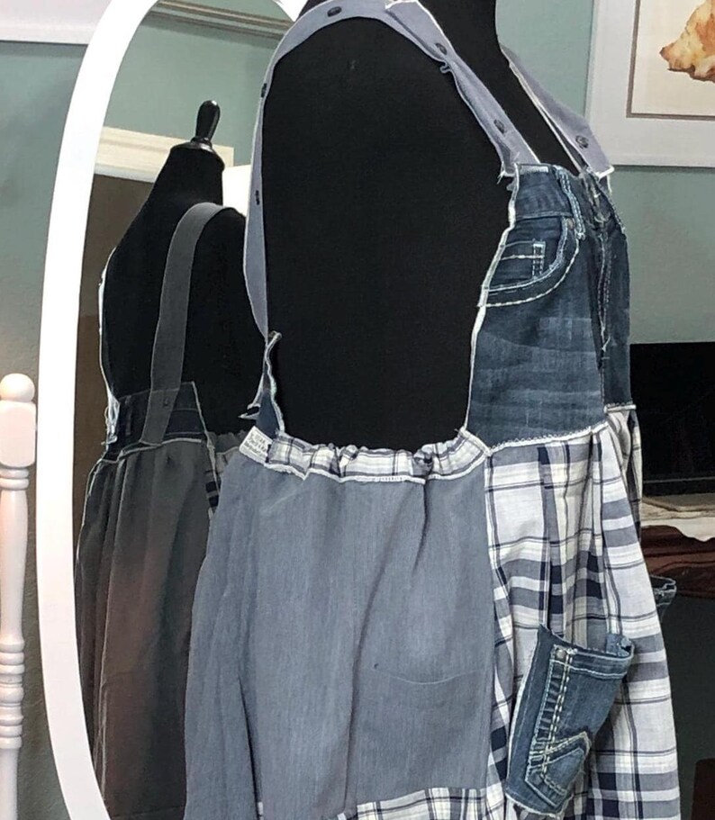 Upcycled Denim Dungaree Dress: Blue Check Plaid Pocket Dress, Plus Size ...