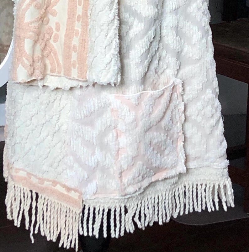 Womens Vintage Chenille Hooded Kimono Jacket Pink Taupe Cream Patchwork ...