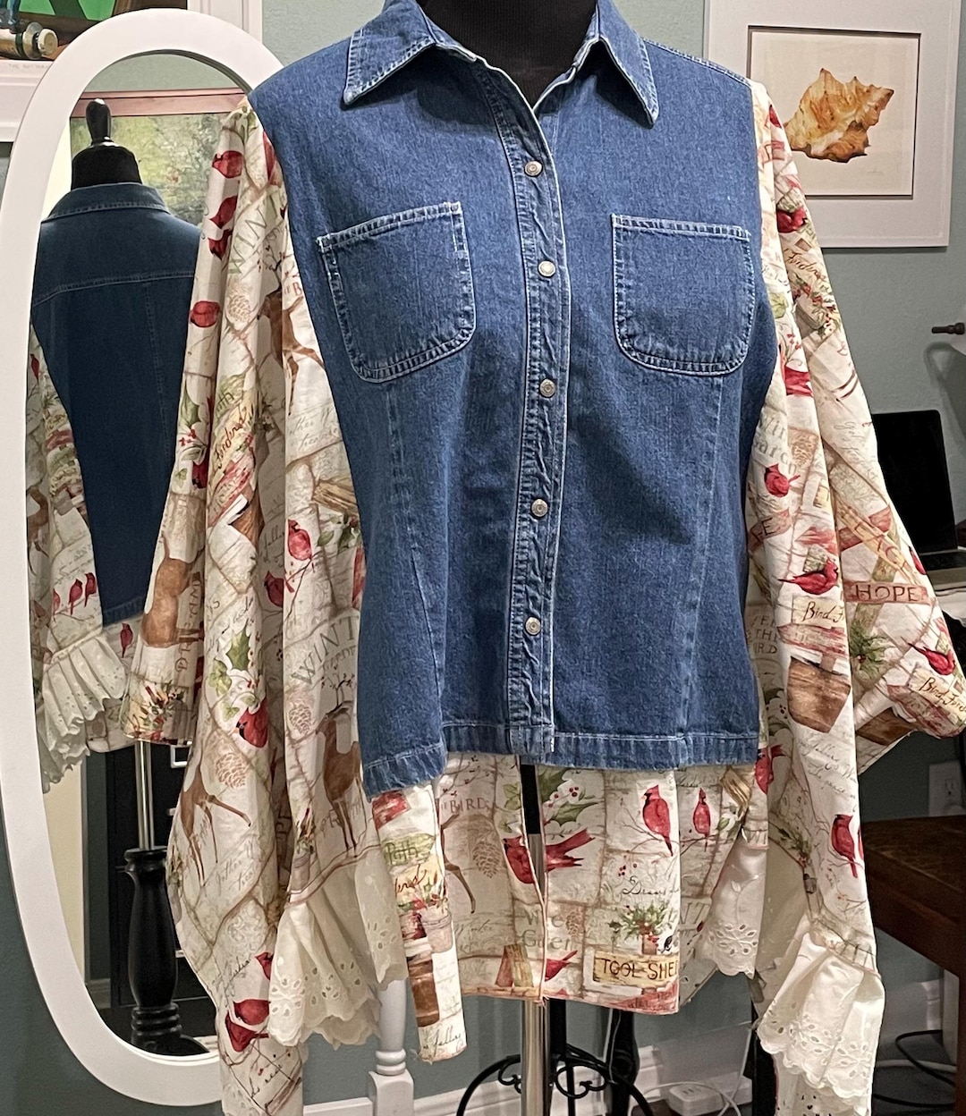 Womens Denim Holiday Jacket Blue Denim Christmas Cardinal Deer Print ...