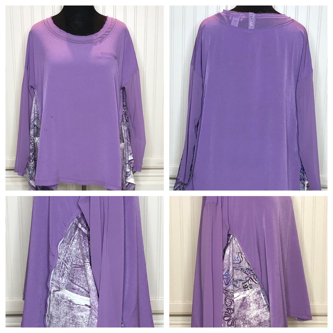 Womens Purple Tunic Long Sheer Sleeves Abstract Print Hanky Hem Sides ...