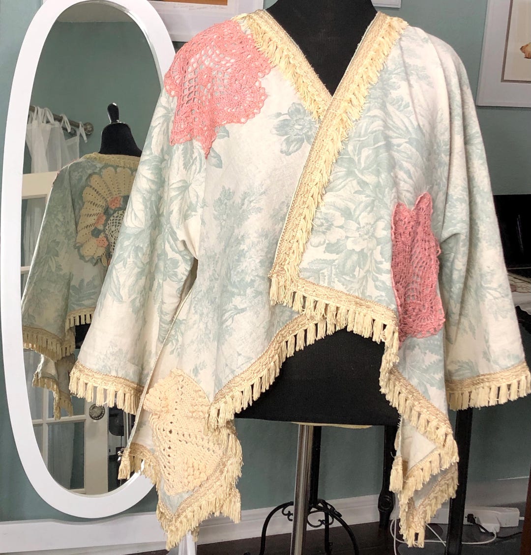 Womens Handmade Kimono Crop French Fold Shrug Jacket Cream Aqua Toile ...