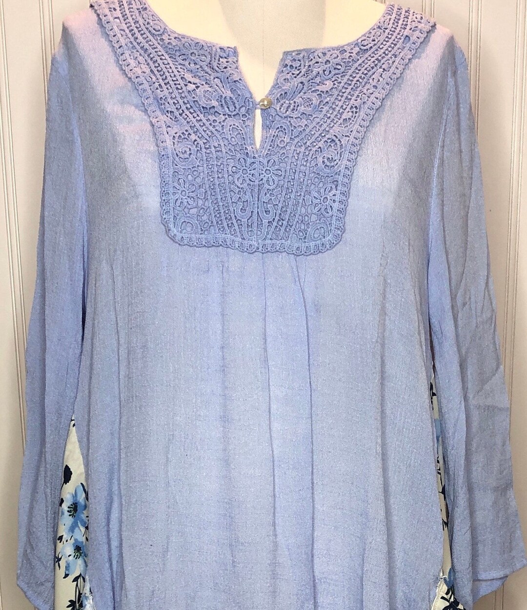 Womens Light Blue Tunic Dress Blue Flowered Flowing Skirt Free Size XL ...