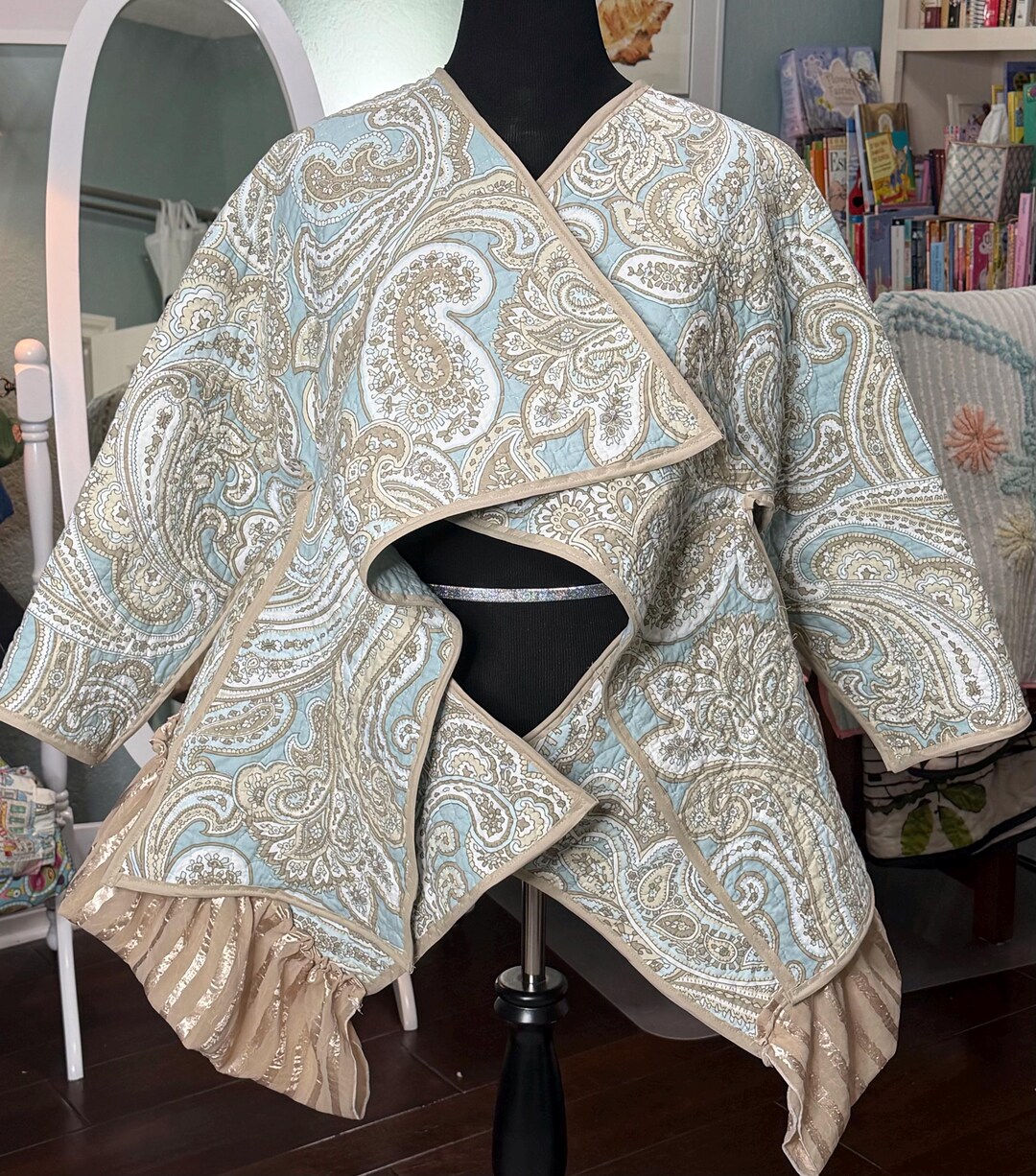 Upcycled Quilted Shrug: Aqua Tan Paisley, Plus Size, Silk Ruffled Hem ...