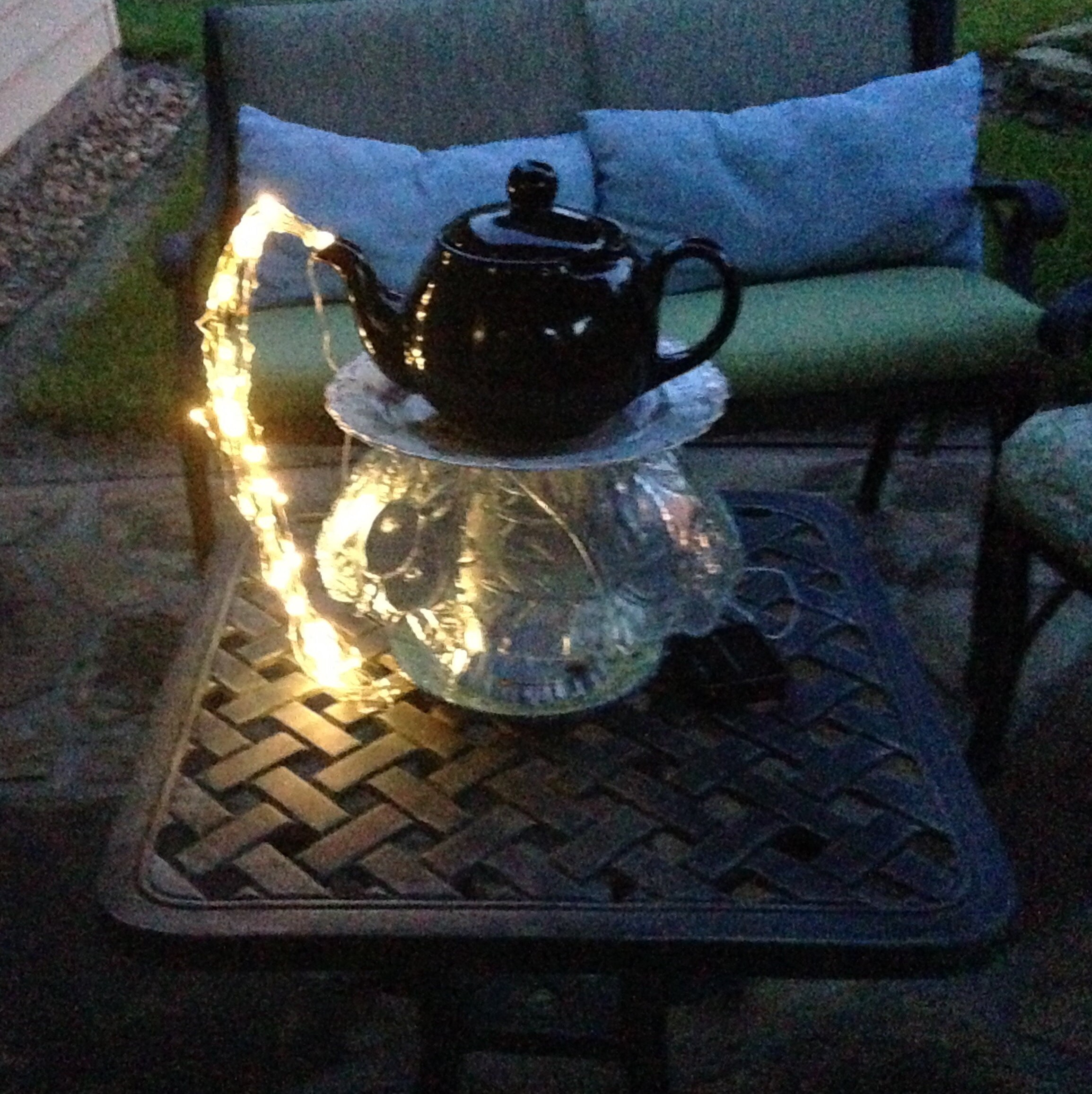 Yard art lighted teapot tower teapot table center piece etched glass ...