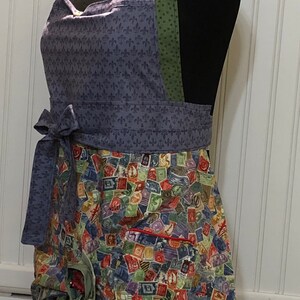 Women's Full Apron Postal Theme Blue Green Orange Ruffled Cotton Shabby ...
