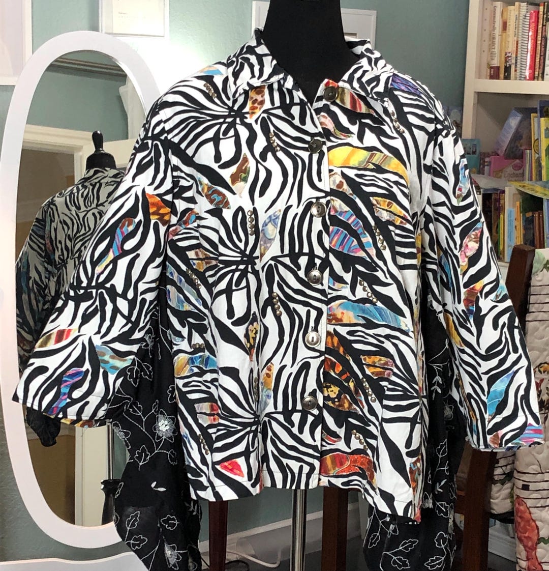 Upcycled Zebra Print Jacket: Embroidered Flowers, Plus Size Cape - Etsy