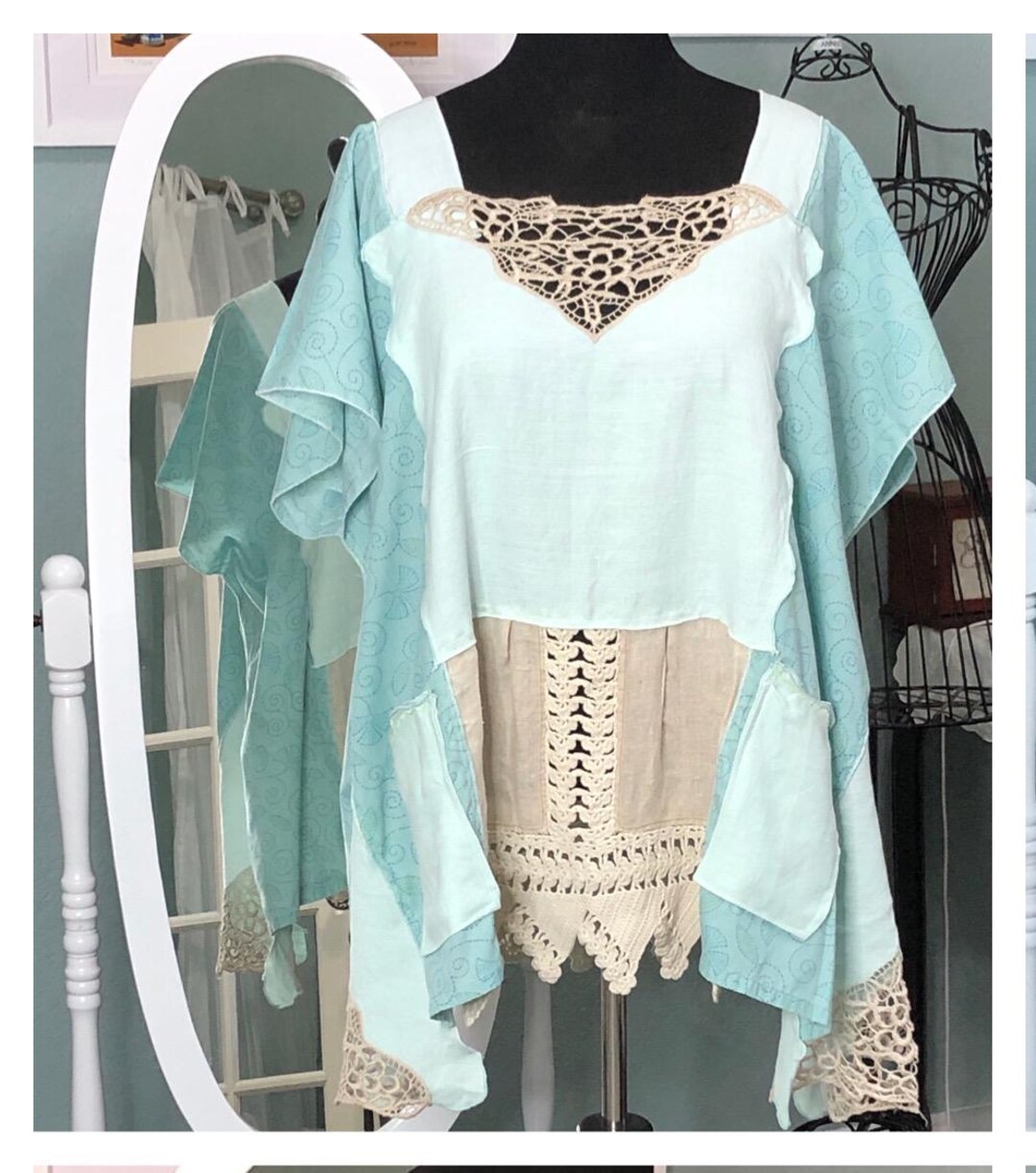 Womens Linen Lace Aqua Green Tunic Upcycled Vintage Crochet Lace ...