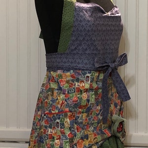 Women's Full Apron Postal Theme Blue Green Orange Ruffled Cotton Shabby ...