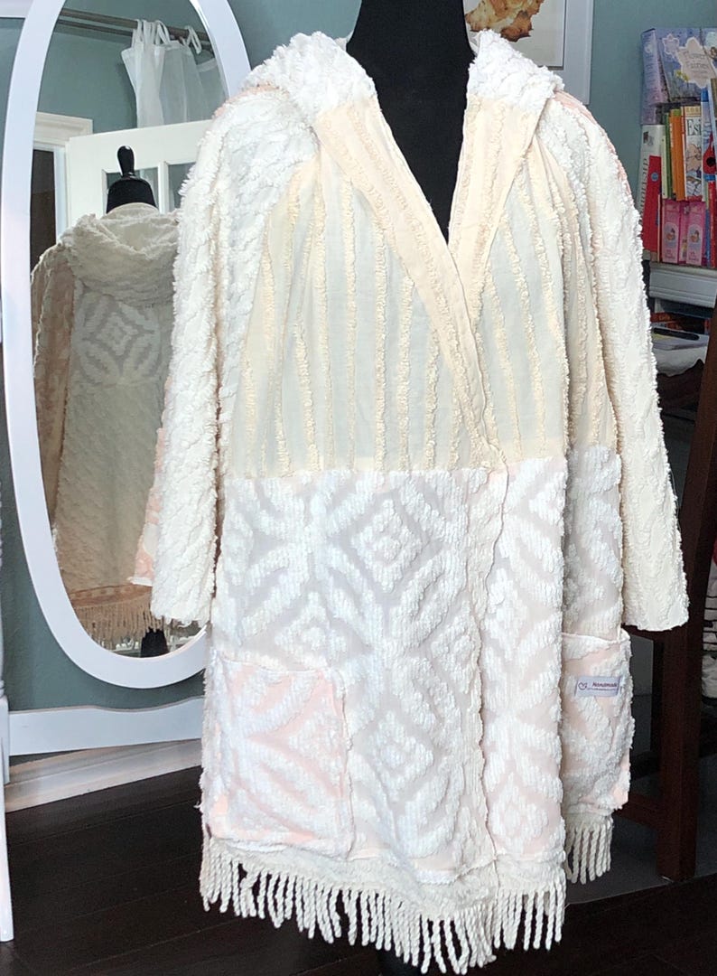 Womens Vintage Chenille Hooded Kimono Jacket Pink Taupe Cream Patchwork ...
