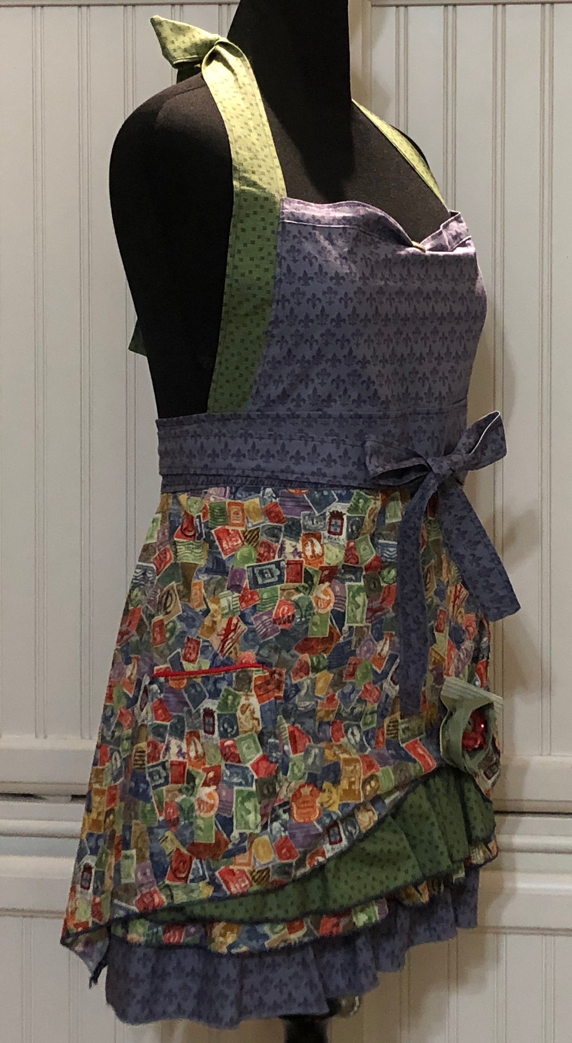 Women's Full Apron Postal Theme Blue Green Orange Ruffled - Etsy