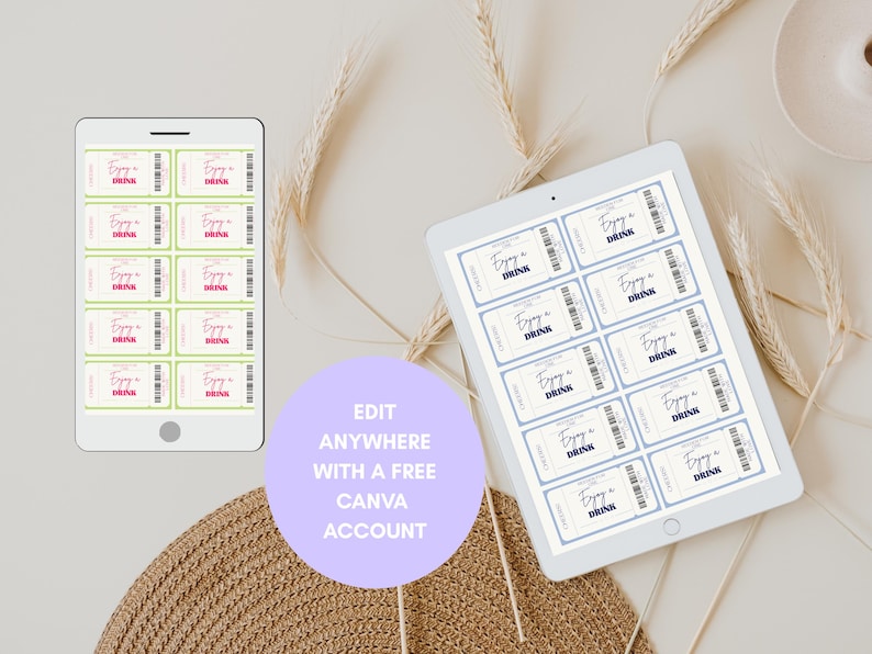 Printable Party Free Drink Tickets: Editable Canva Template, 6 Colors ...