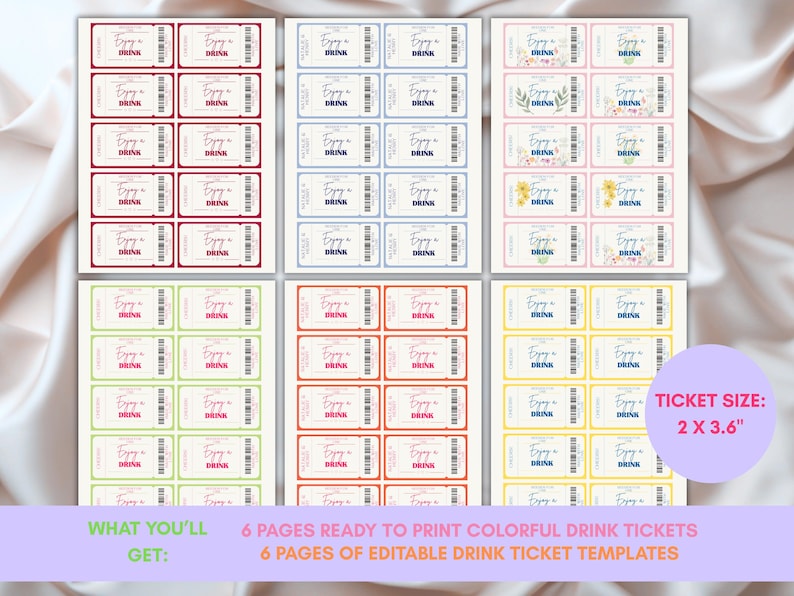 Printable Party Free Drink Tickets: Editable Canva Template, 6 Colors ...