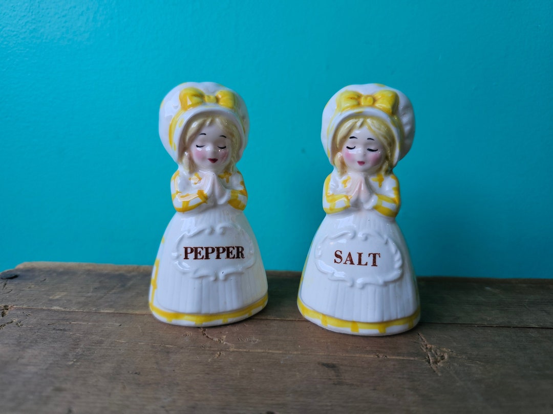 Vintage Salt and Pepper Shakers Praying Girls Yellow Gingham Dresses ...