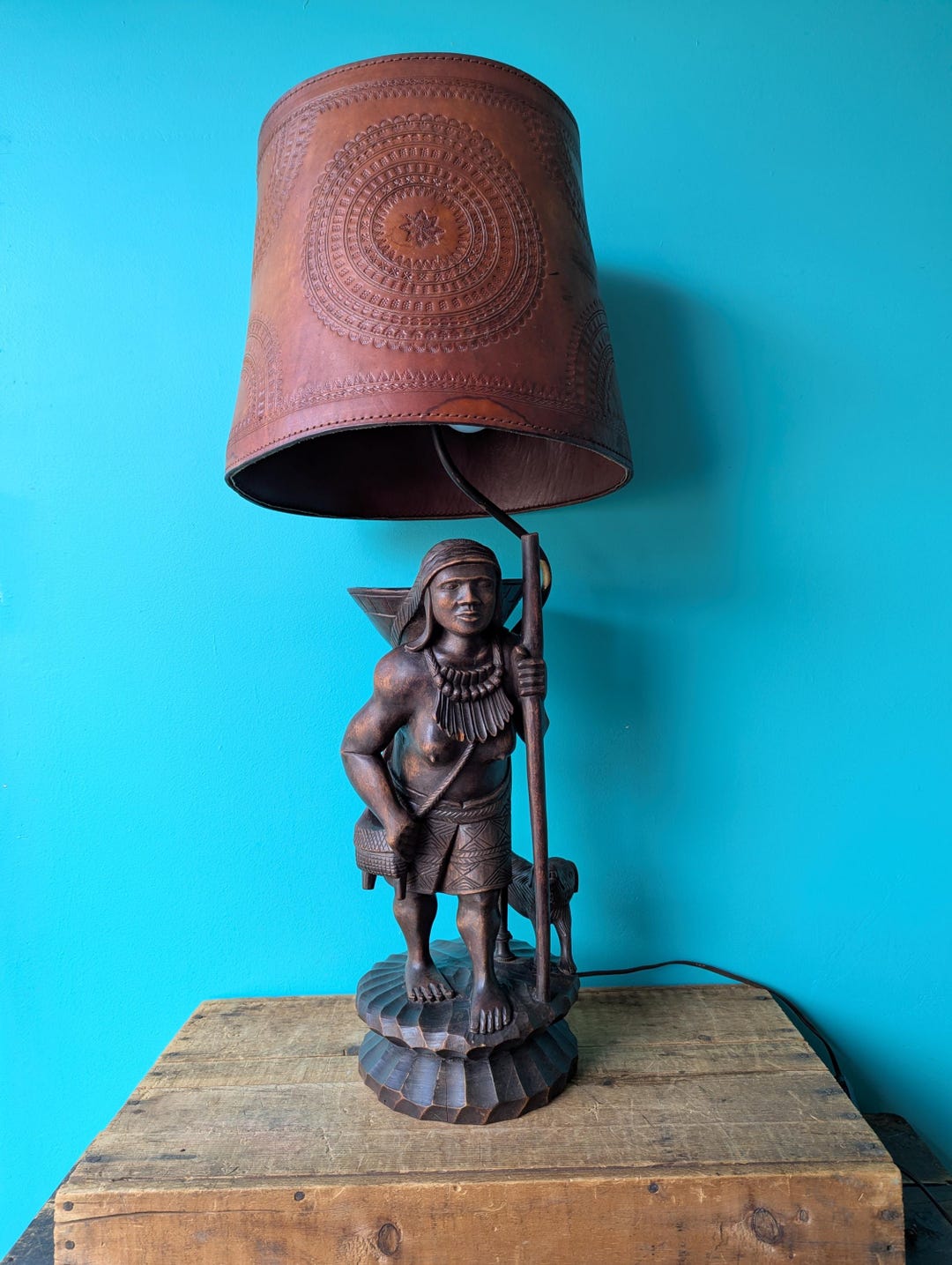 Vintage Igorot Woman Hunter Table Lamp, Hand Carved Wood and Leather ...