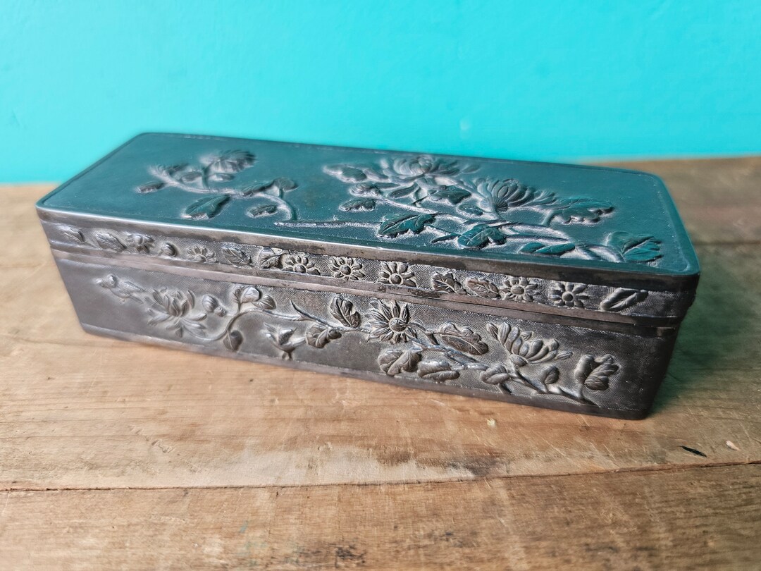 Antique Chinese Export Trinket Box, Hand Carved Antimony Silver Plated ...