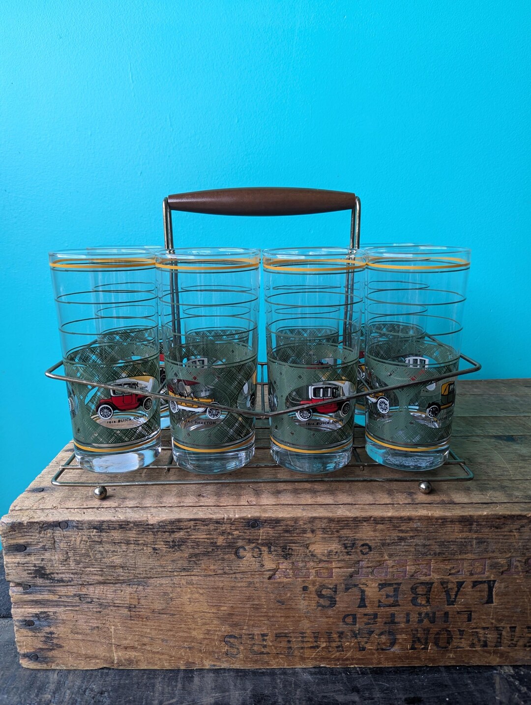 Set of 8 Heavy Base 15oz Glassware With Caddy, Antique Car Design ...