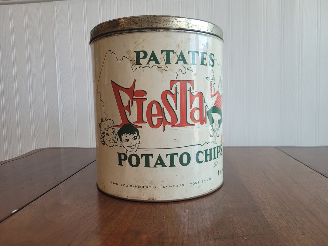 1960s Patates Fiesta Brand Potato Chips Tin Canister Canadian Company ...