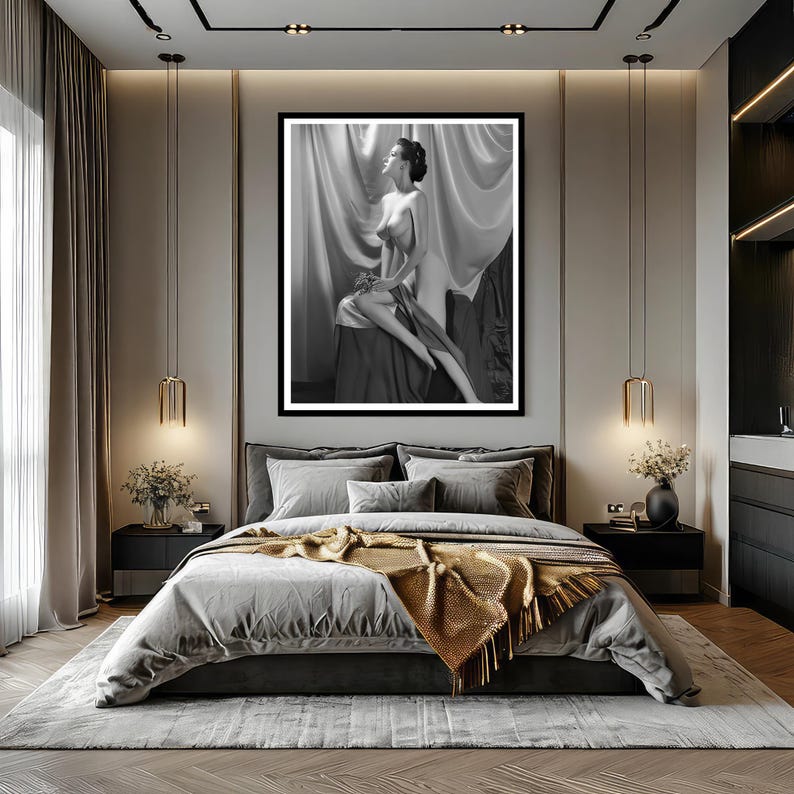 Nude Woman With Flowers Classic 1930s Nude Black And White Mature