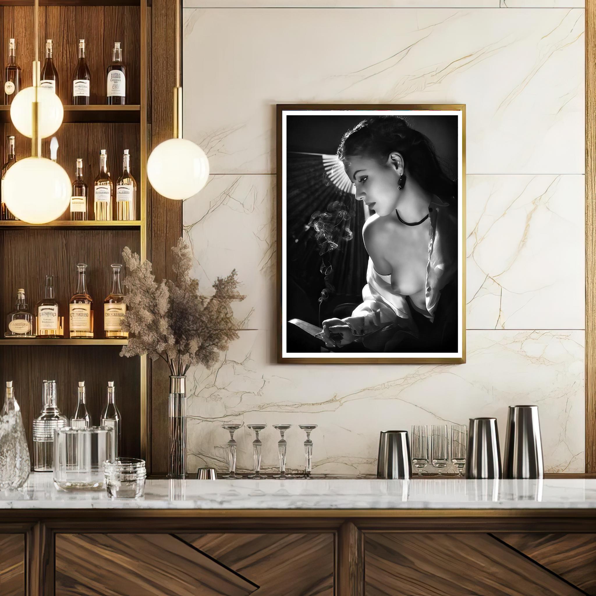 Vintage Sexy Topless Smoker Black And White Mature Print Poster Nude