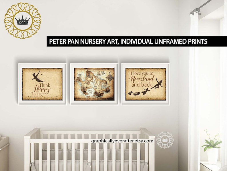 Peter Pan Nursery Art Prints, Qty 3 Neverland Map Wall Art, Vintage ...