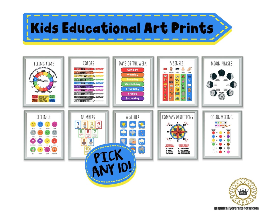 Set of 10 Educational Art Prints, Kids Montessori Playroom Posters ...