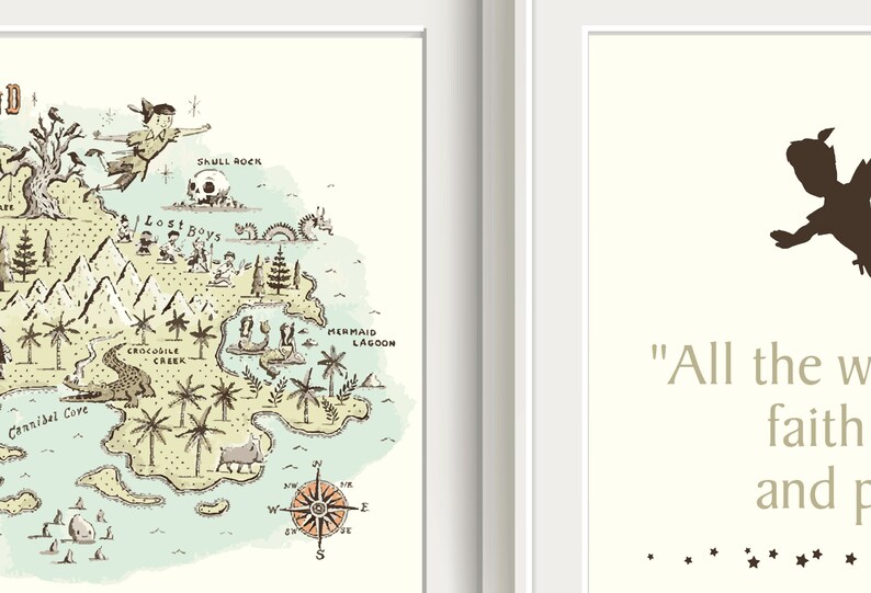 Peter Pan Nursery Art Prints Qty 3 Kids Neverland Map, Vintage Baby ...
