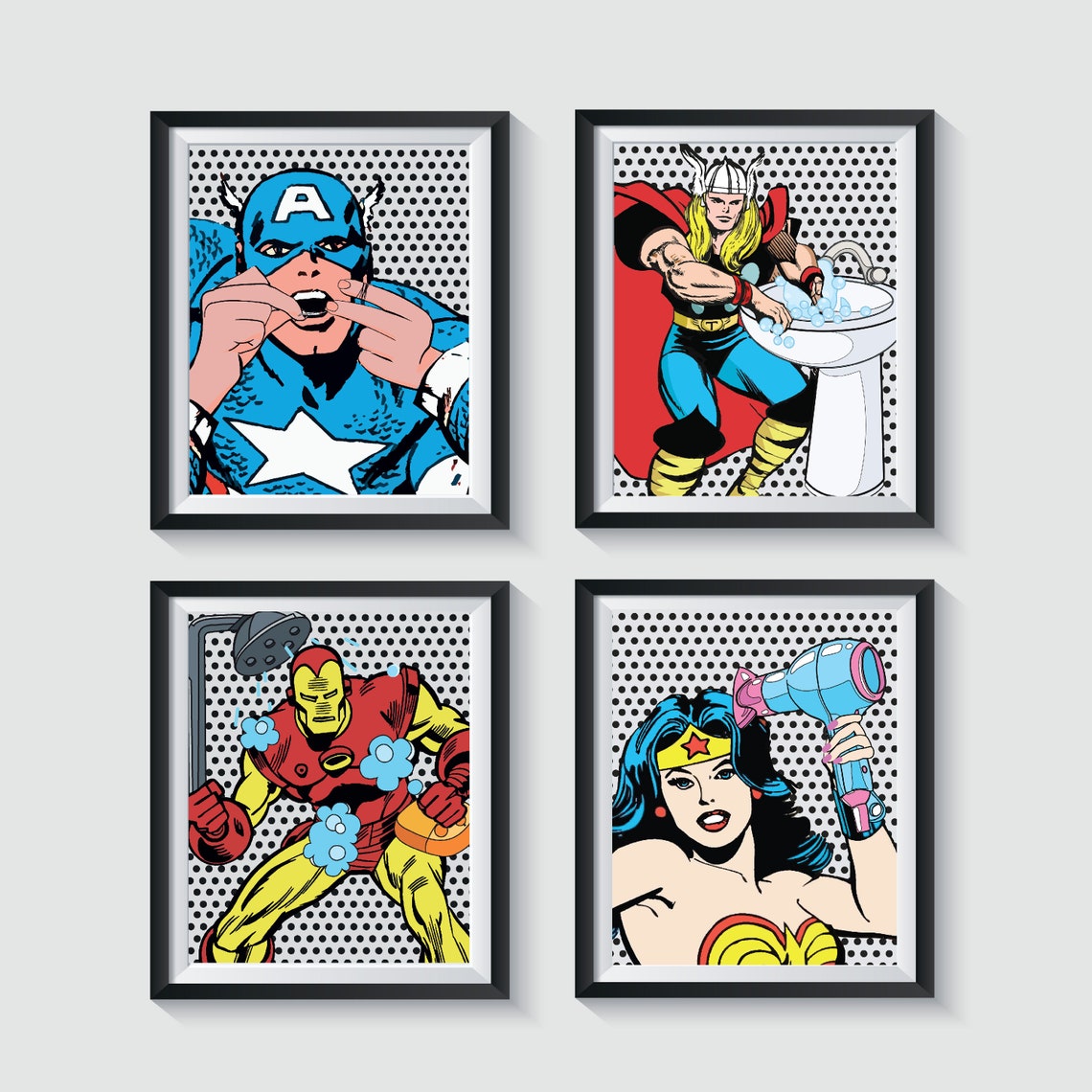 Superhero Bathroom Art Prints Qty 4 Retro Distressed Wall Art Decor Boy ...